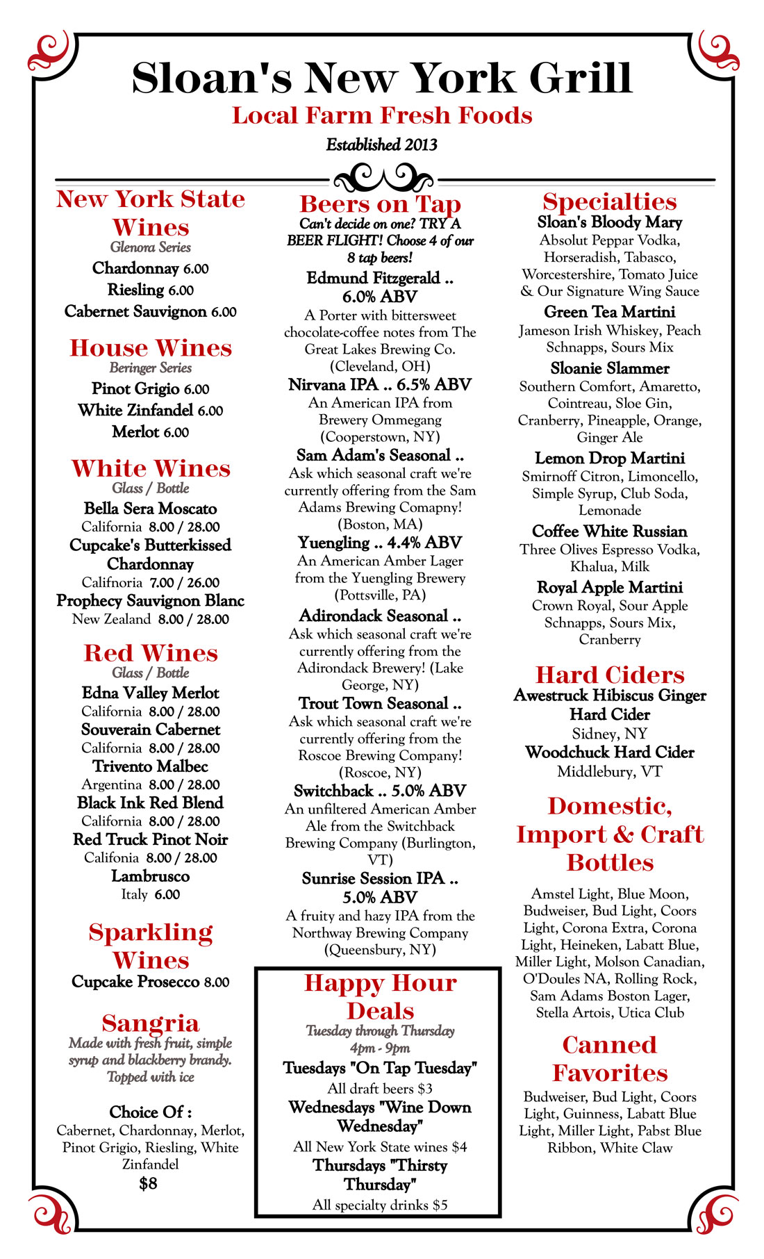 Bar Menu – Sloan's