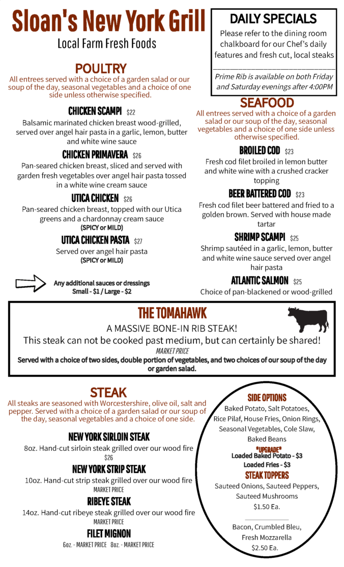 Dinner Menu – Sloan’s